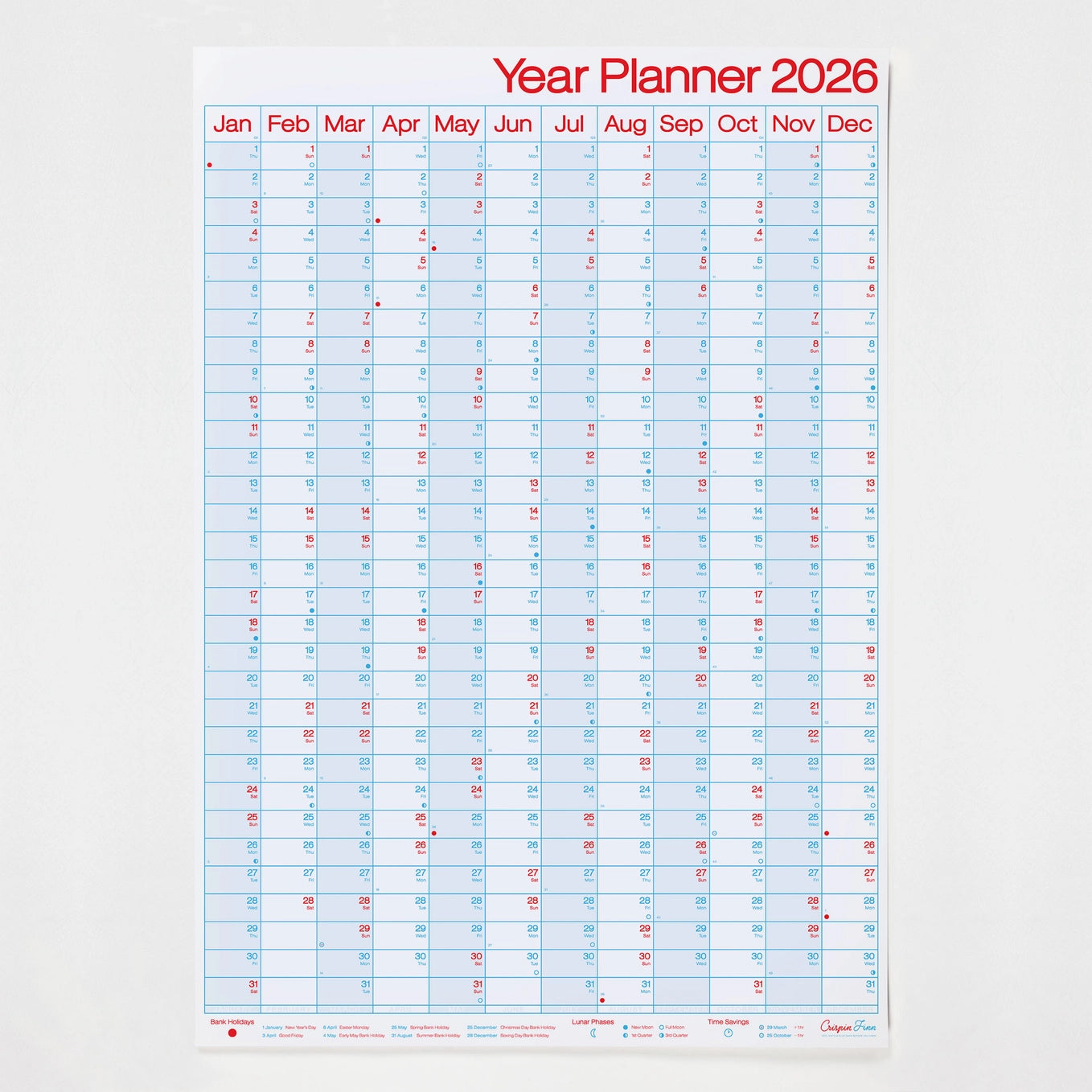 Crispin Finn 2026 Year Wall Planner - Portrait View, £23.95