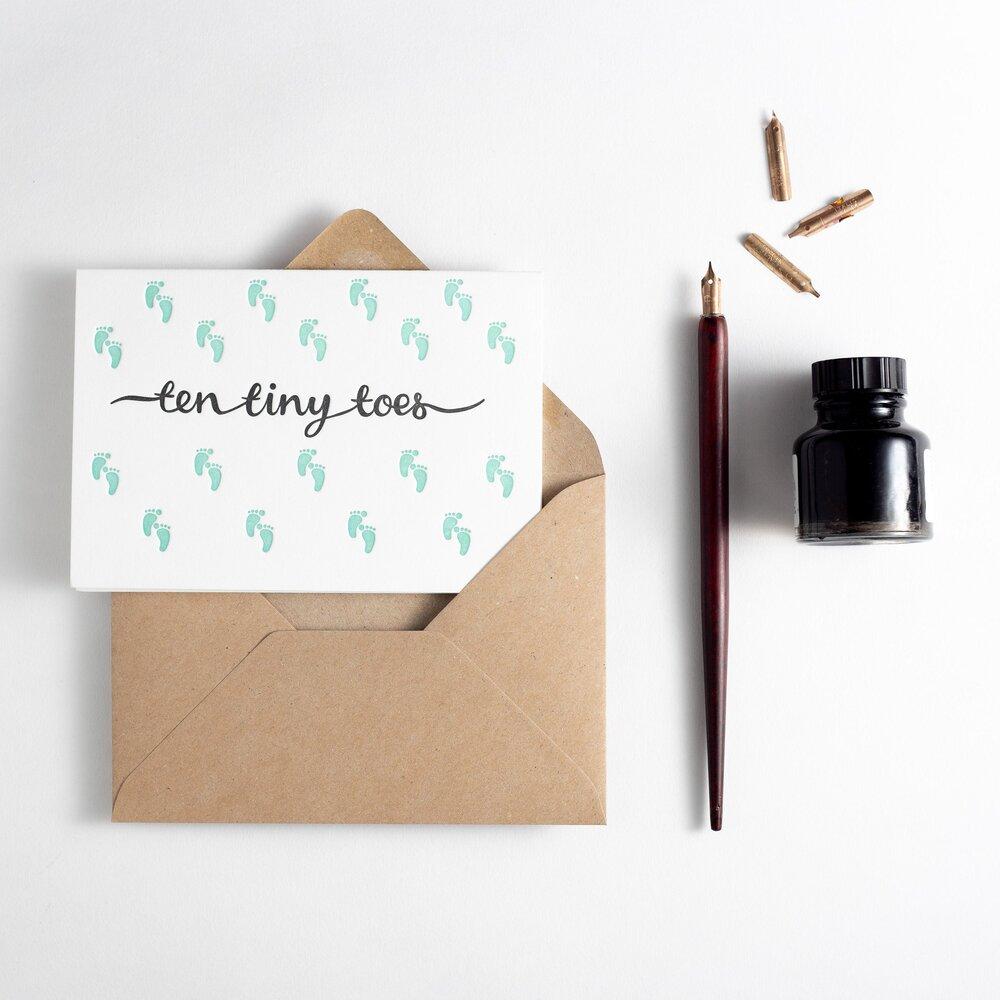 Ten Tiny Toes Mint New Baby Letterpress Card, $4.00